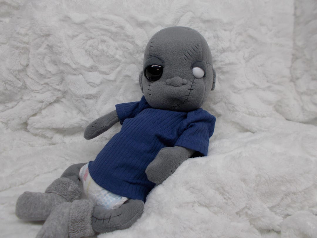OOAK Zombie Newborn Baby Cloth Doll Black & White Eye Handmade Soft ...