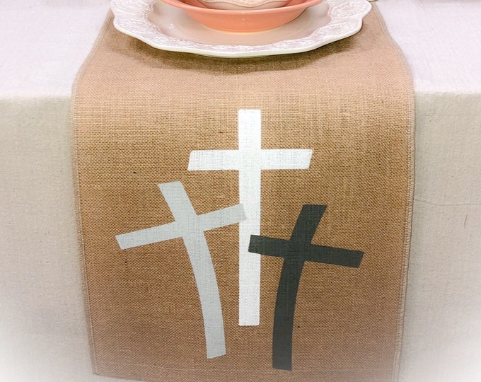 Burlap Table Runner With 3 Crosses on Each End - Easter, Holiday ...