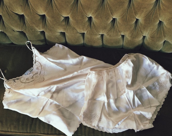 NOS Vintage Pink Silk Tap Set Two Piece French Cut Camisole Boy Shorts ...