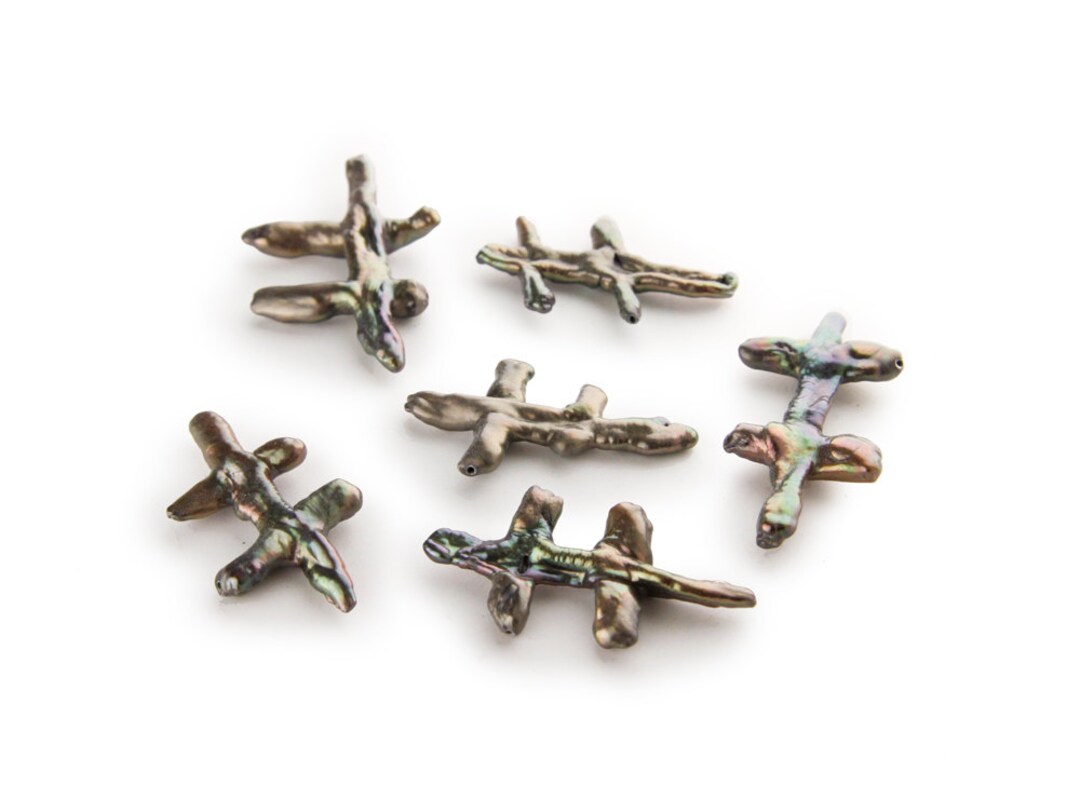 Patriarchal Cross Shaped Black Pearl Bead, Cross of Lorraine Grey Pearl ...