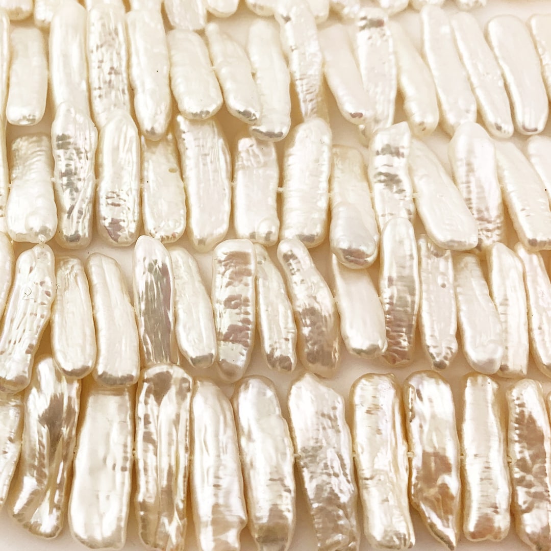 White Biwa Stick Pearl Strand: Calibrated Sizes, Center Side Drilled ...