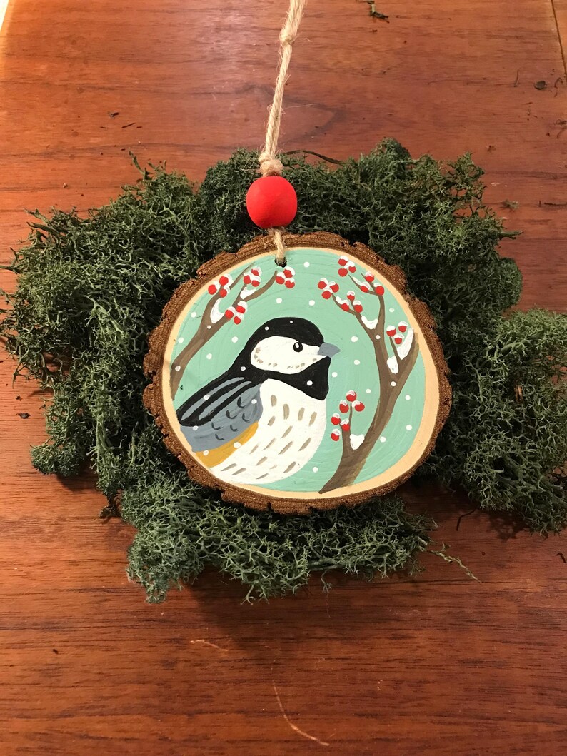 Hand Painted Modern Chickadee Wood Slice Ornament - Etsy