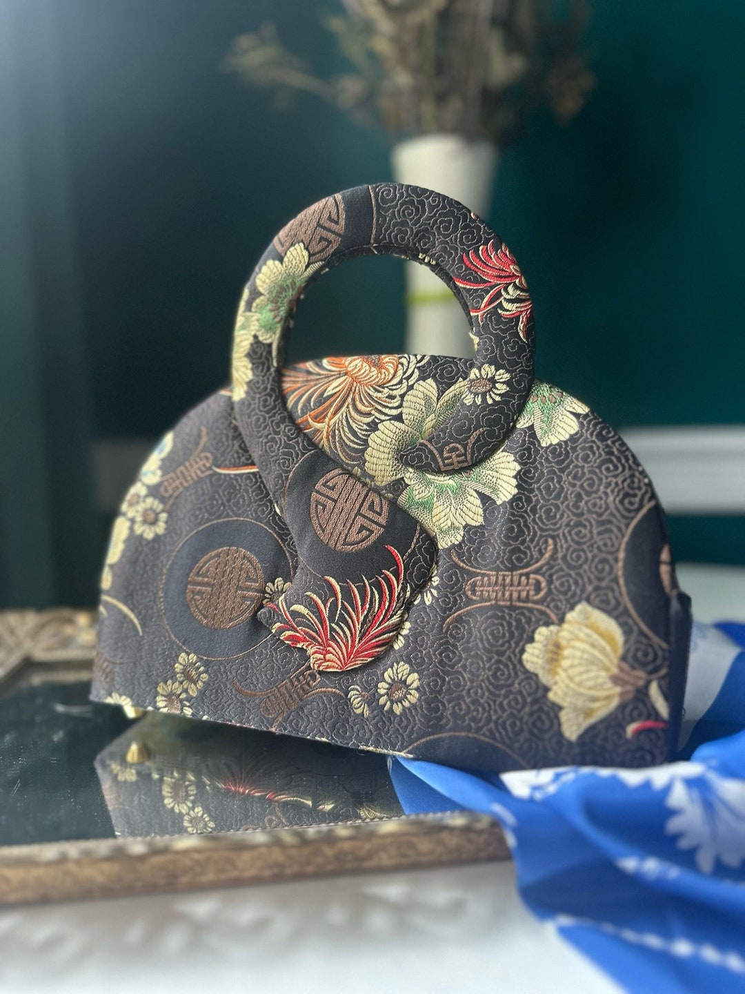 Black Brocade Handbag Asian Chinoiserie Purse - Etsy