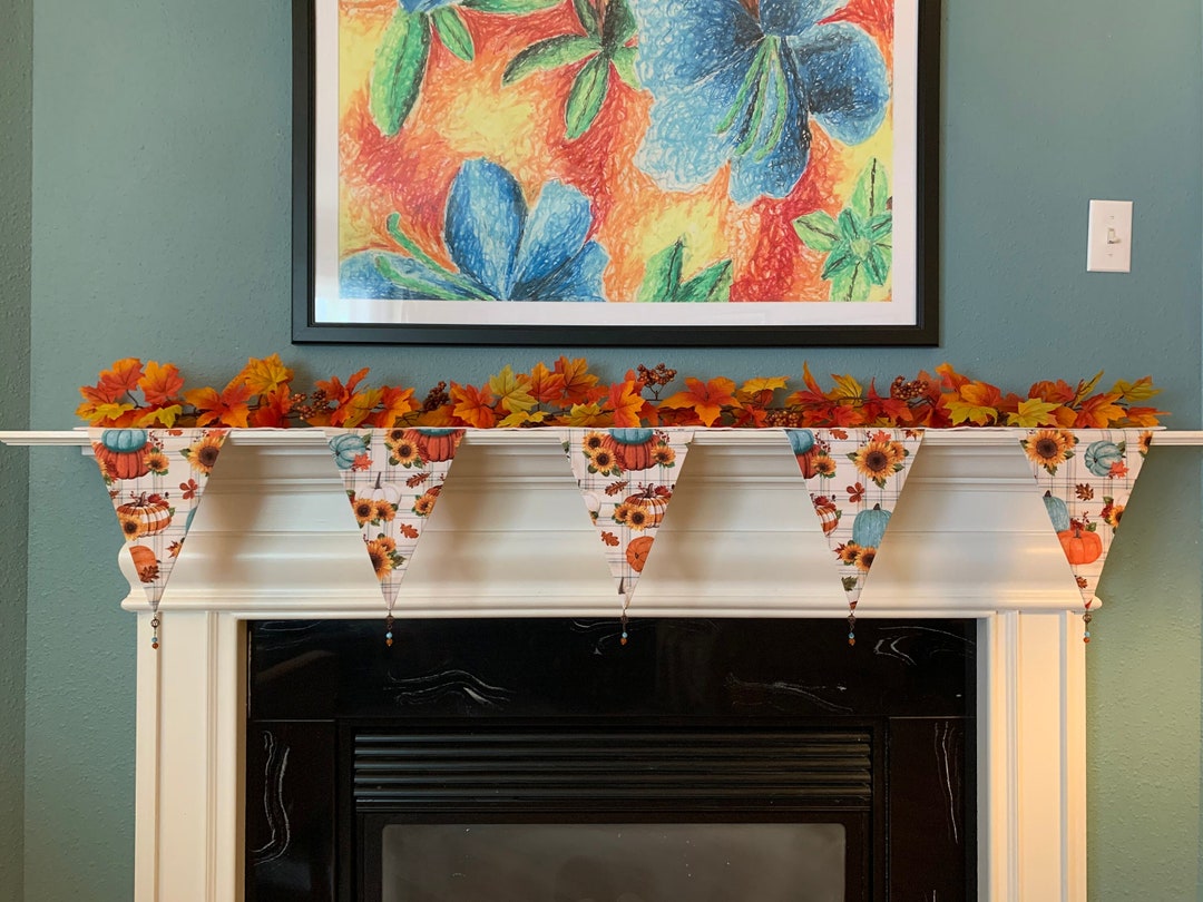 Plaid Fall Mantel Scarf, Pumpkin Fireplace Decoration, Sunflowers and ...