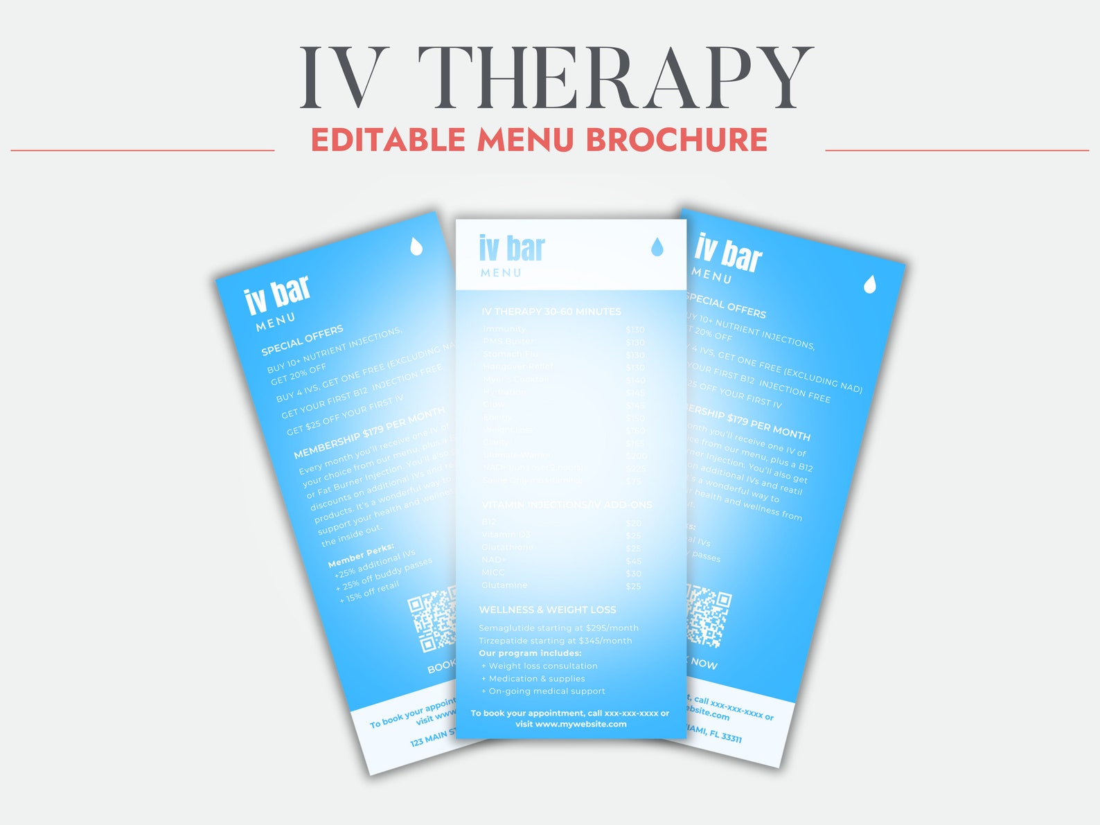 IV Vitamin Therapy Editable Menu, Brochure Template for Mobile IV Drip ...