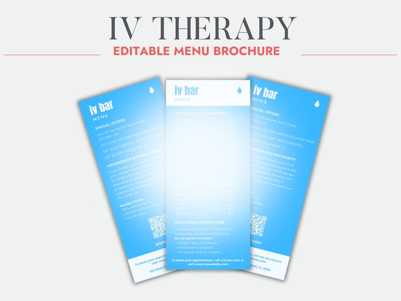 IV Vitamin Therapy Editable Menu, Brochure Template for Mobile IV Drip ...