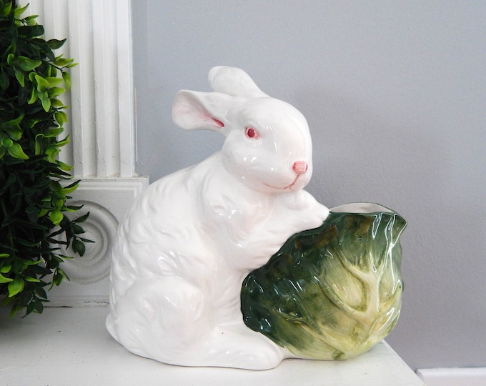 Vintage Bunny Planter, Ceramic Bunny With Cabbage Vase, Hand Painted ...