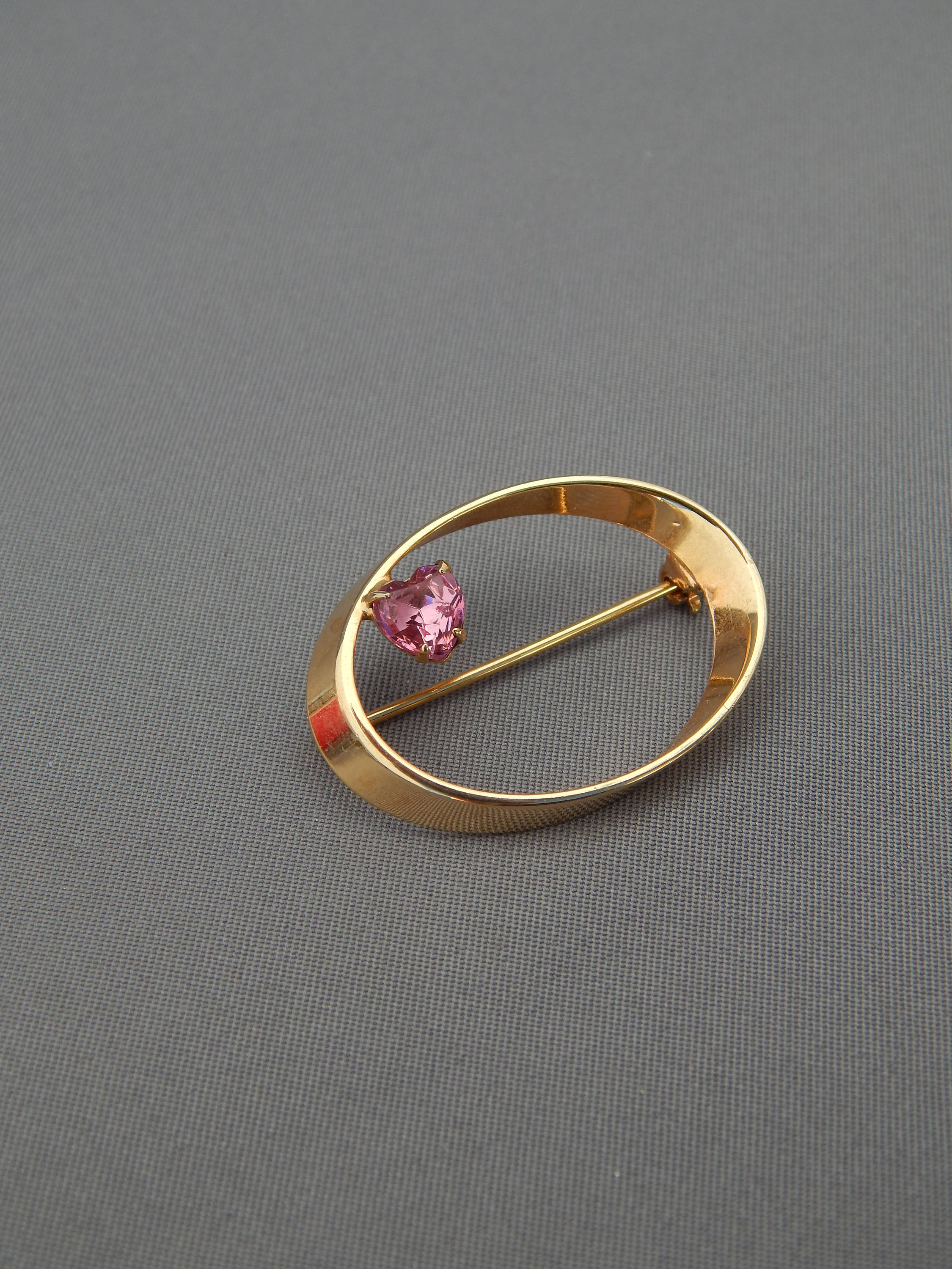 Vintage Oval Circle Pin with Pink Rhinestone Heart Mid | Etsy