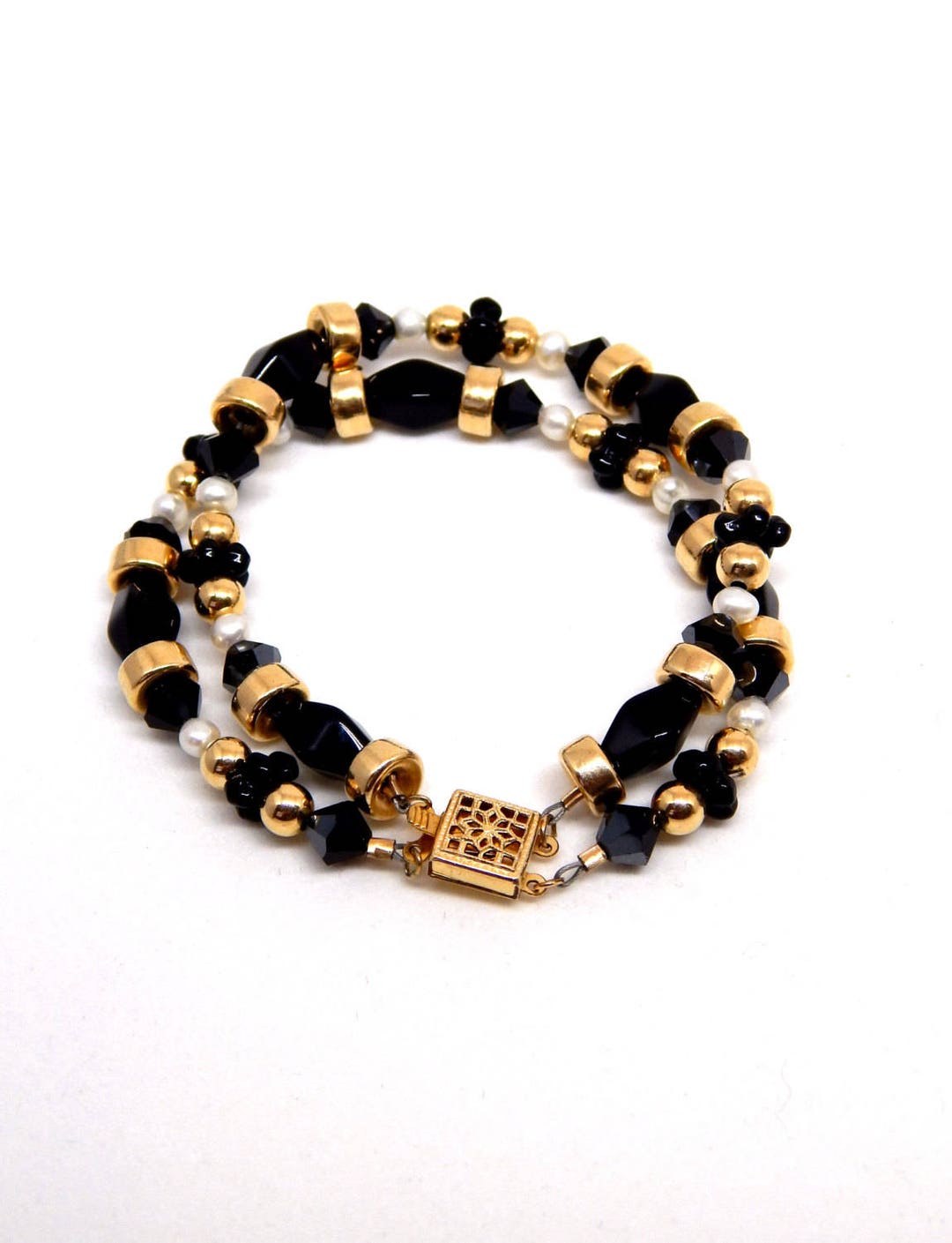 Vintage Beaded Bracelet Black and Gold - Etsy