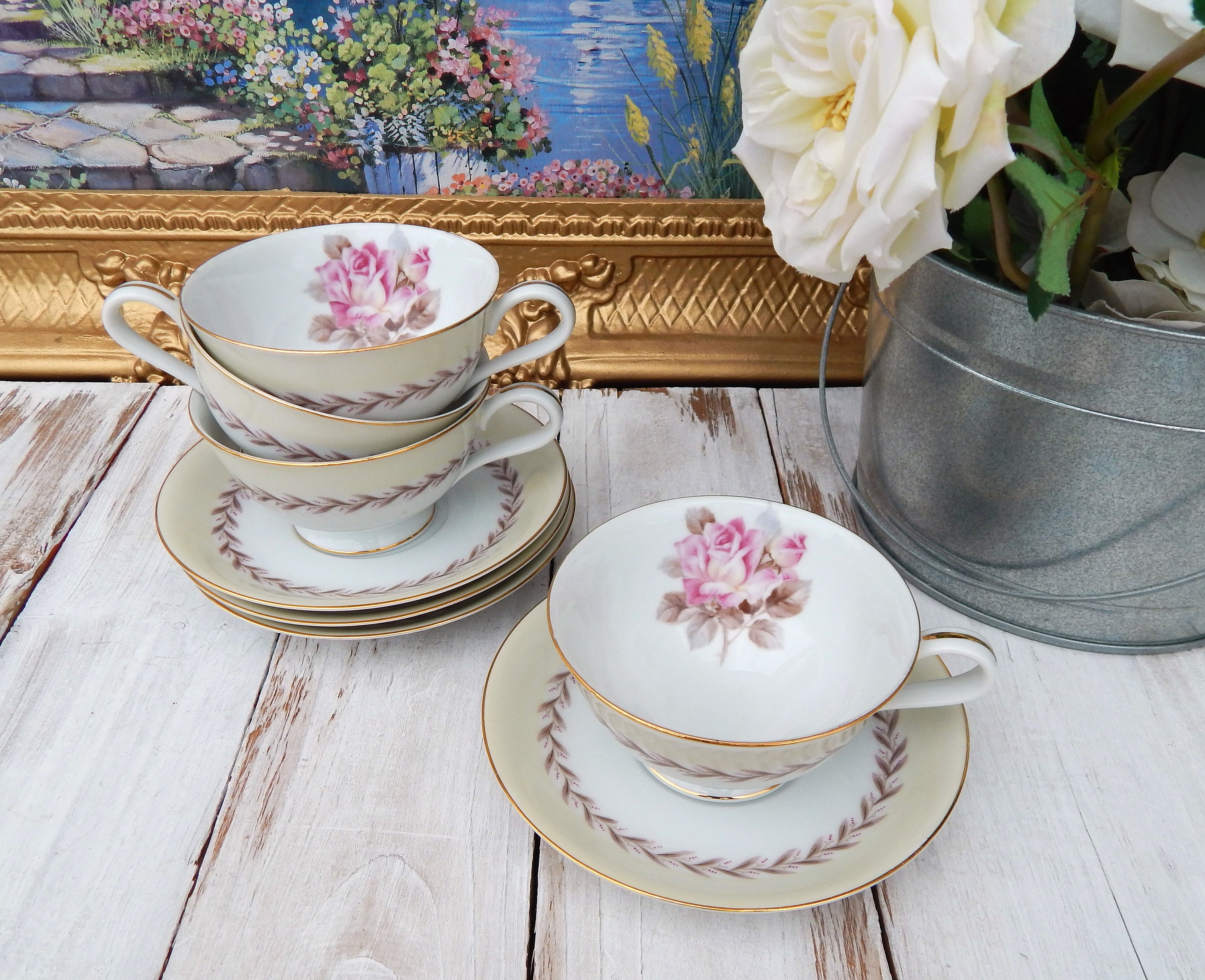 Floral Cups NORITAKE Japan N212 Pink Rose Tea Cups & Saucers Set of 4 ...