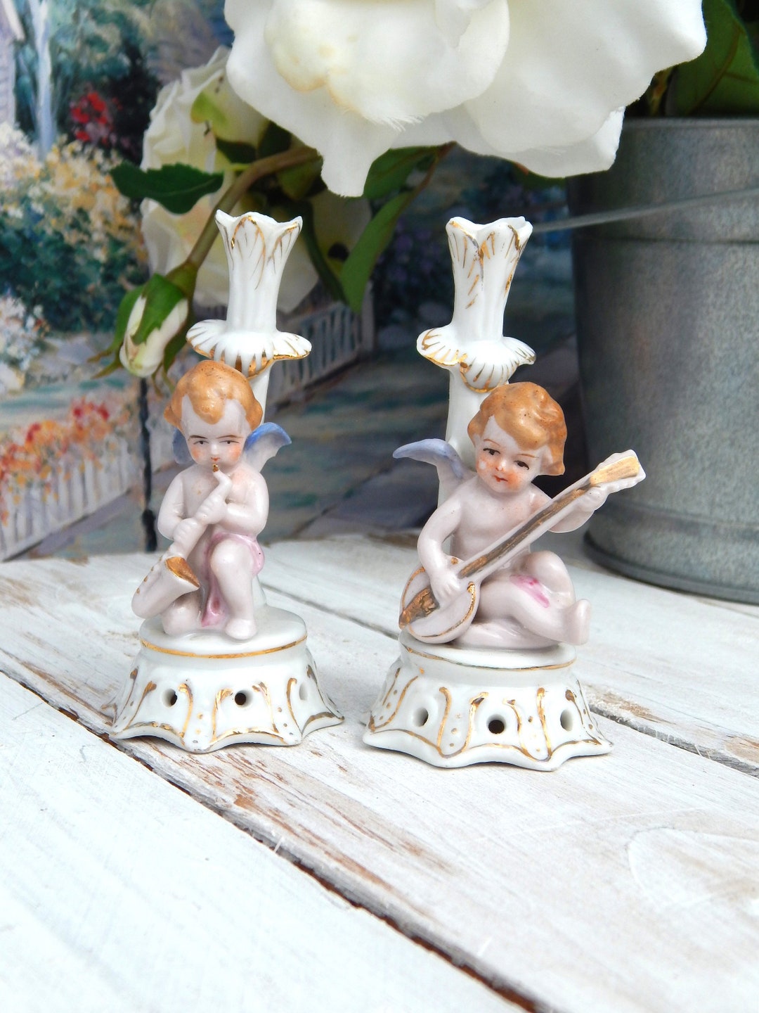 Antique Musician Angels Bud Vases Figurines Pair JAPAN, Porcelain ...