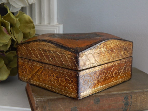 Italian Florentine Box, Carved Wooden Jewelry Box Tri… - Gem