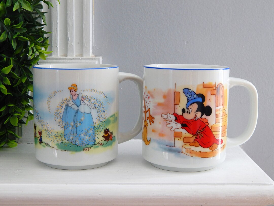 Vintage DISNEY Mugs JAPAN Set of 2, DISNEY Cinderella Sorcerer Mickey ...