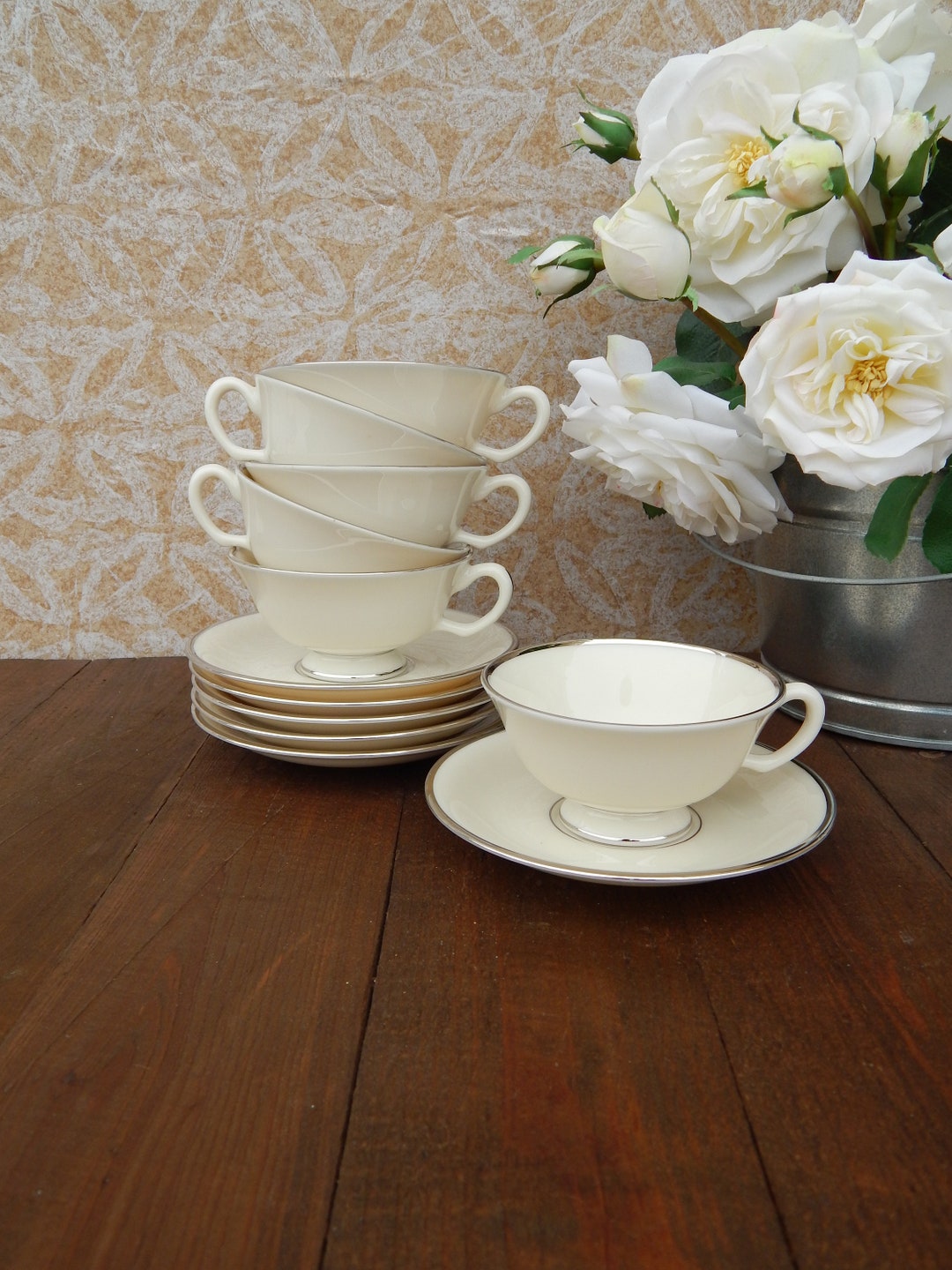 LENOX MONTCLAIR Cups and Saucers Set of 6, White Footed Coffee Tea Cups ...