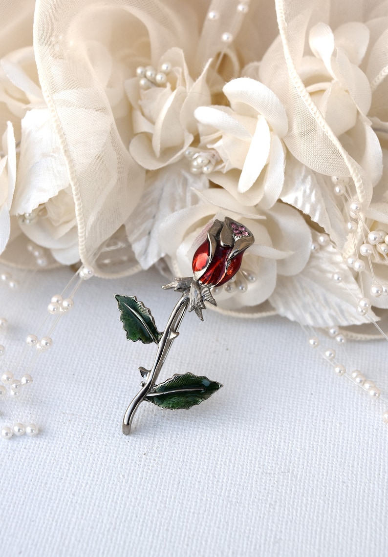 LIZ CLAIBORNE Rose Pin, Enamel Red Rose Pin Silver Tone Pink ...