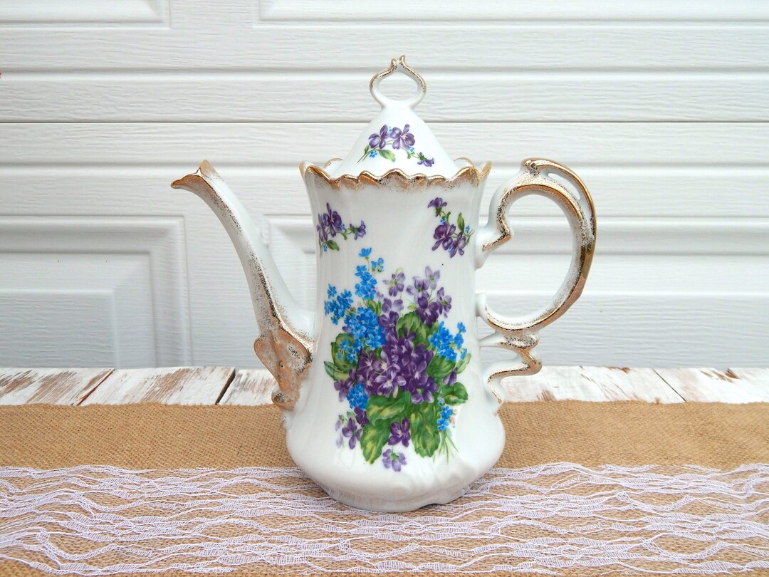 LEFTON Coffee Pot Spring Bouquet JAPAN Purple Violets Blue Flowers Gold ...