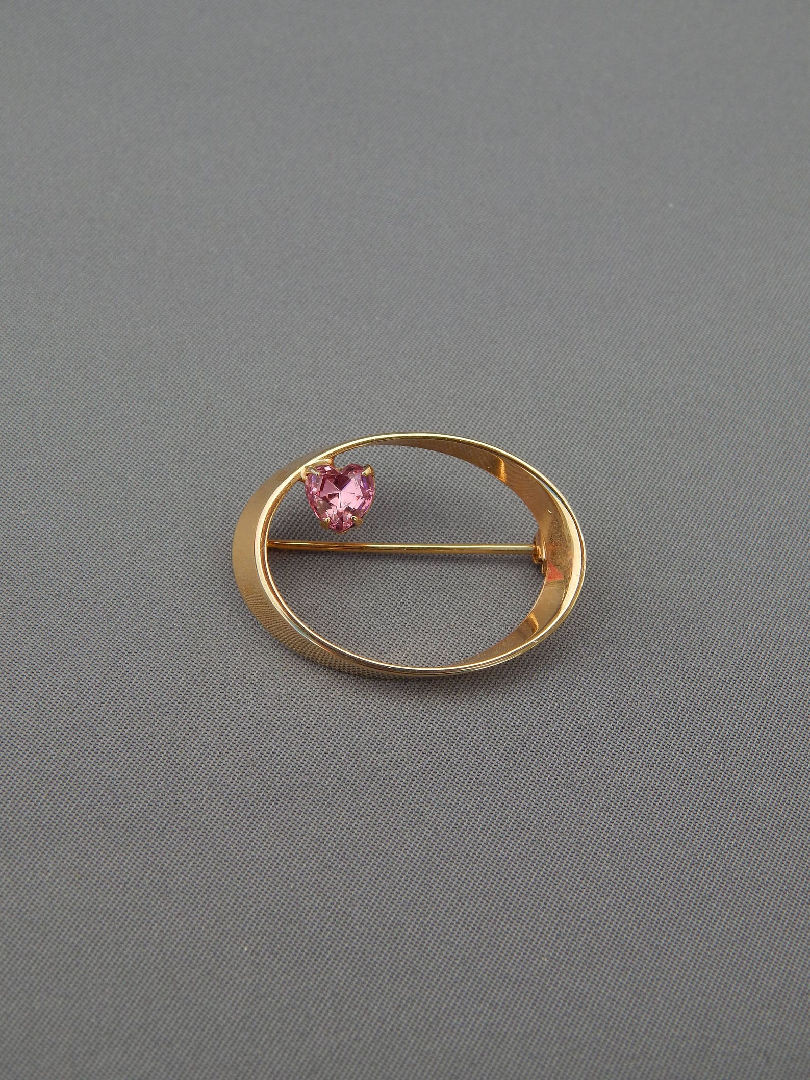 Vintage Oval Circle Pin With Pink Rhinestone Heart Mid | Etsy