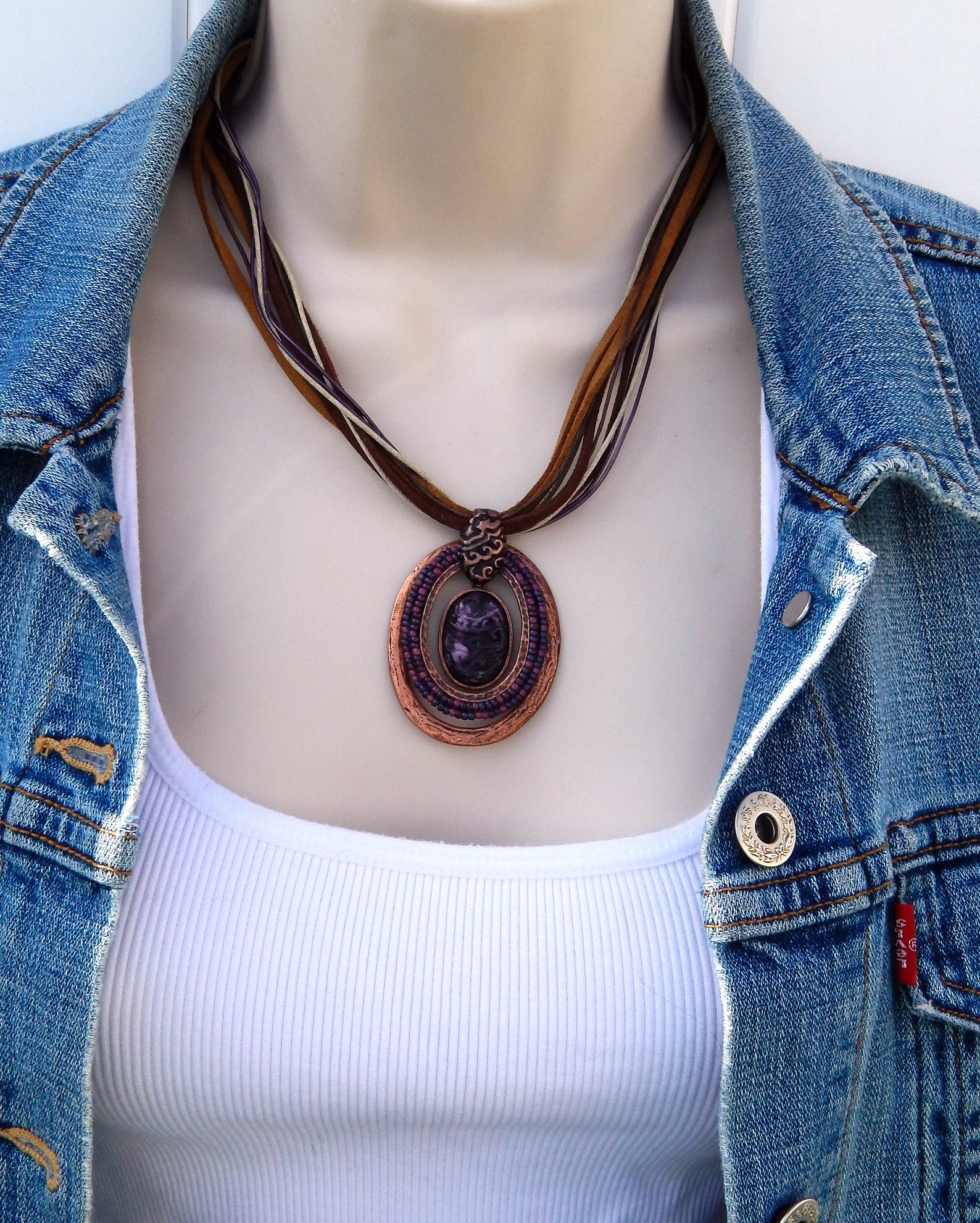 Bronze Purple Pendant Asian Motif Necklace Multi Strand Brown Suede ...