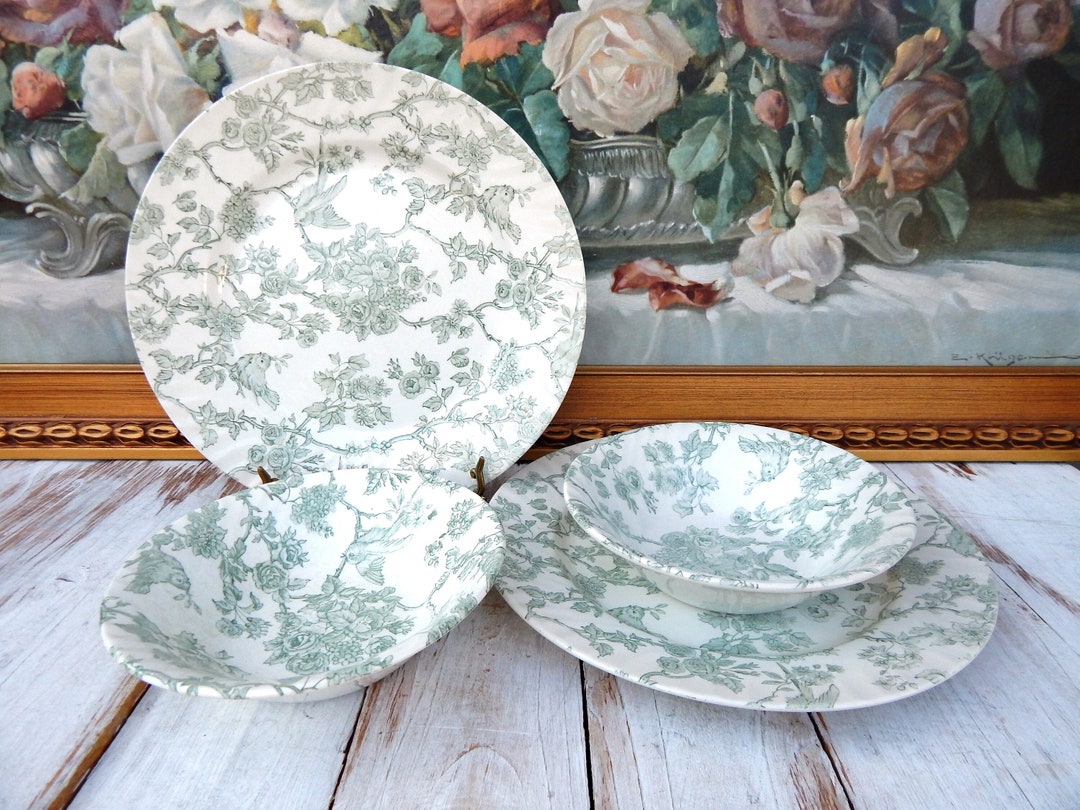 Green Toile Plates & Bowls Set BARRATS England SONGBIRDS GREEN Rare ...