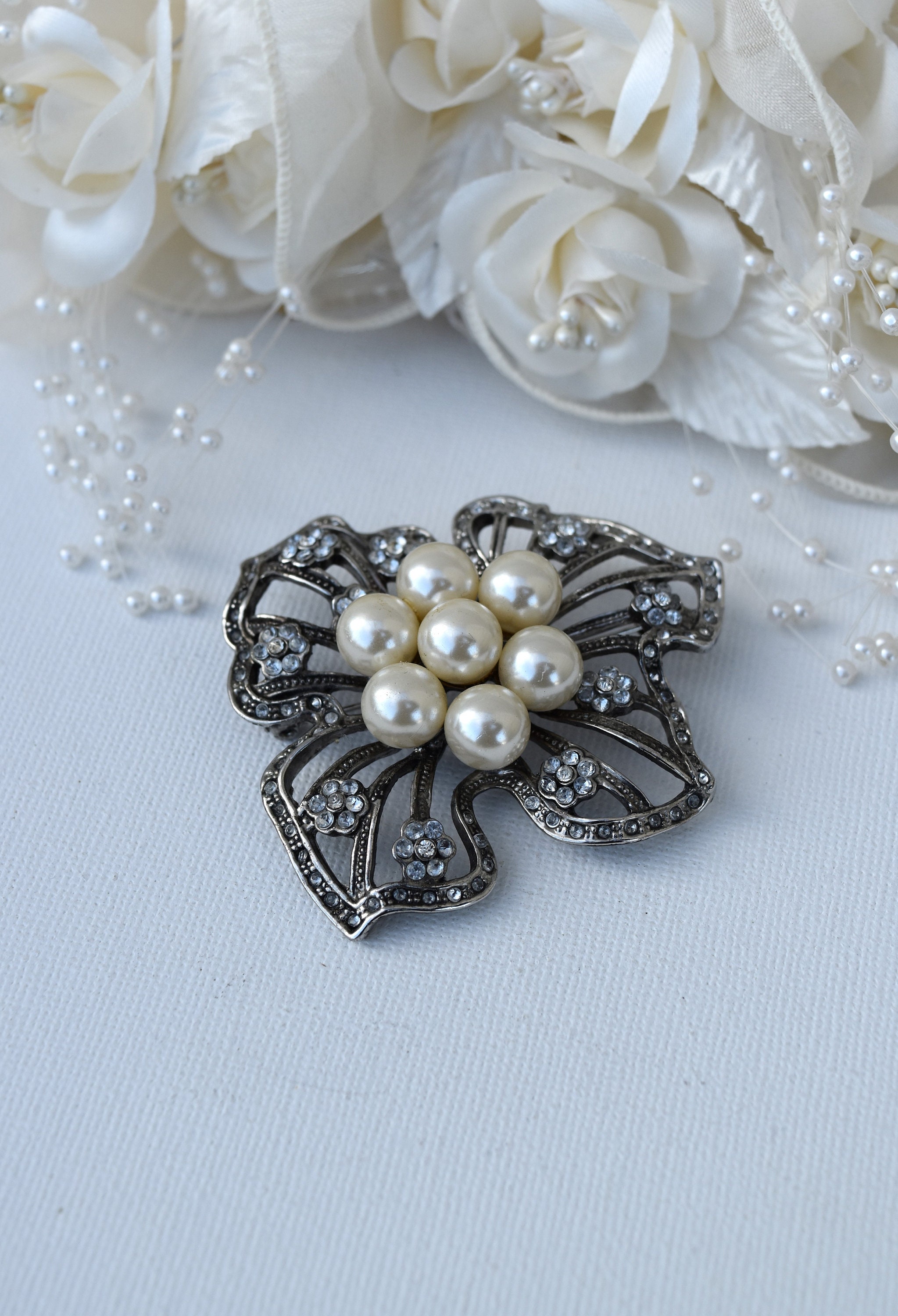 Rhinestone Pearl Flower Pin Big Flower Brooch Faux Pearls | Etsy