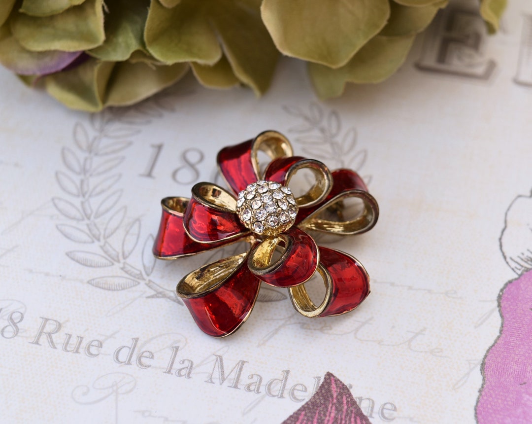 Red Bow Pin, Rhinestone Red Enamel Ribbon Bow Brooch, Christmas - Etsy