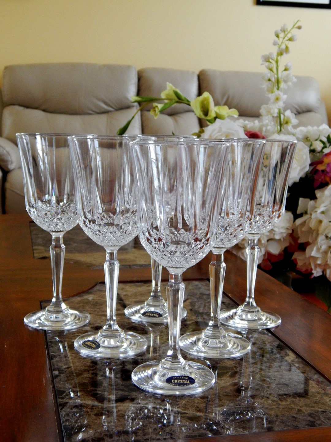 Crystal Water Glasses Set of 6, American Cut Crystal Tall Stemmed Water ...