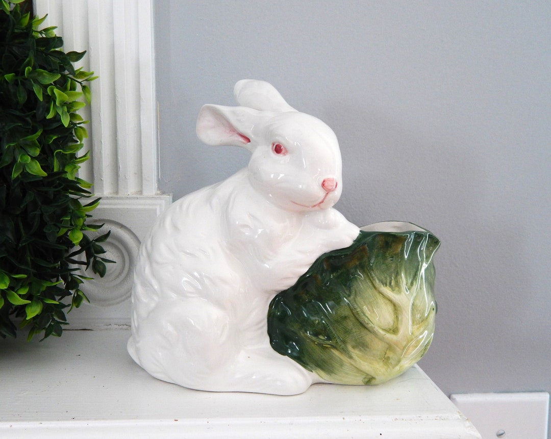 Vintage Bunny Planter, Ceramic Bunny With Cabbage Vase, Hand Painted ...