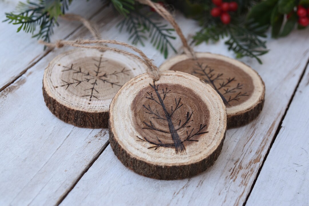 Rustic Wood Ornaments Set of 3, Wood Slice Ornaments Rustic Folksy ...