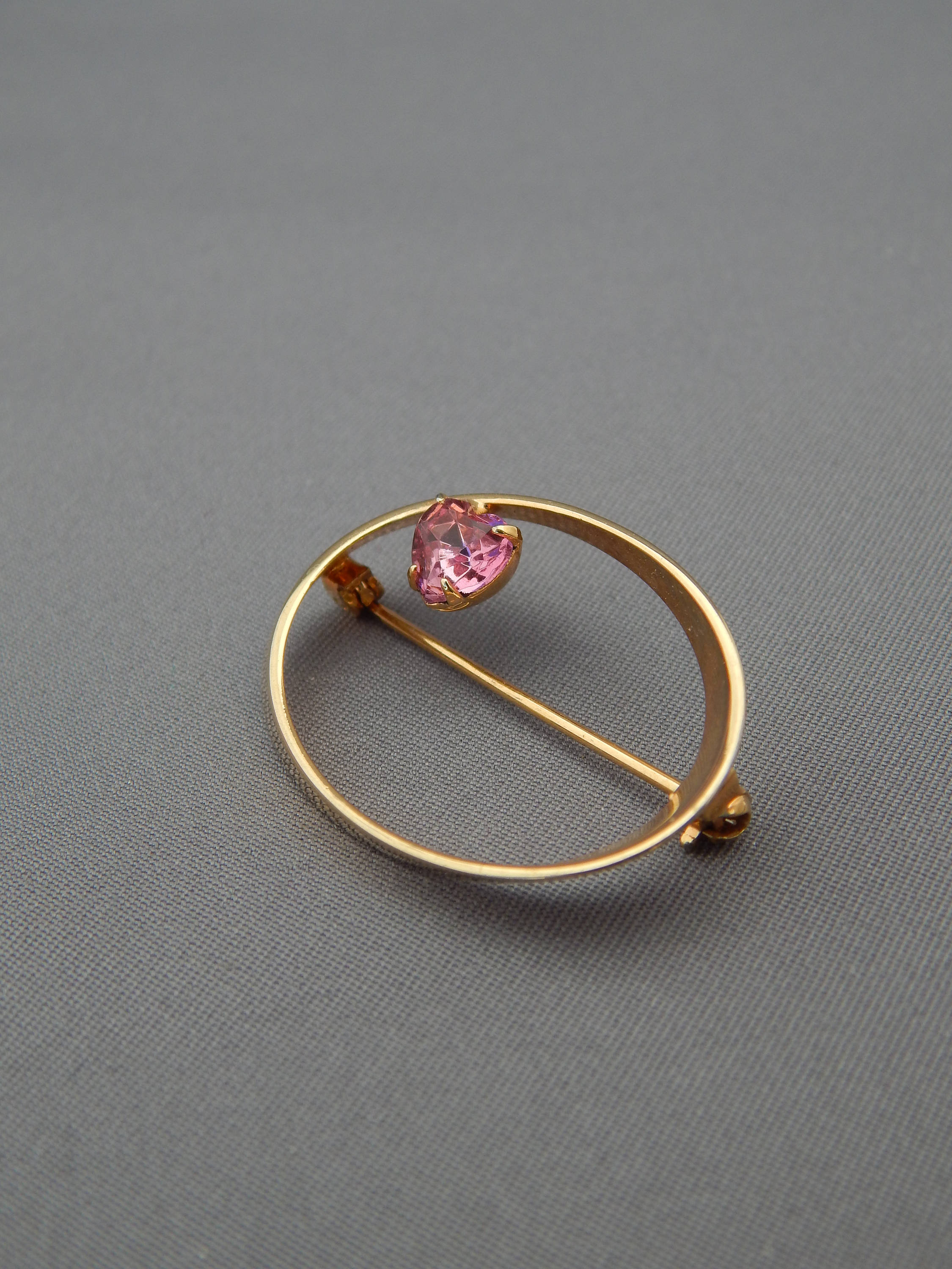 Vintage Oval Circle Pin with Pink Rhinestone Heart Mid | Etsy
