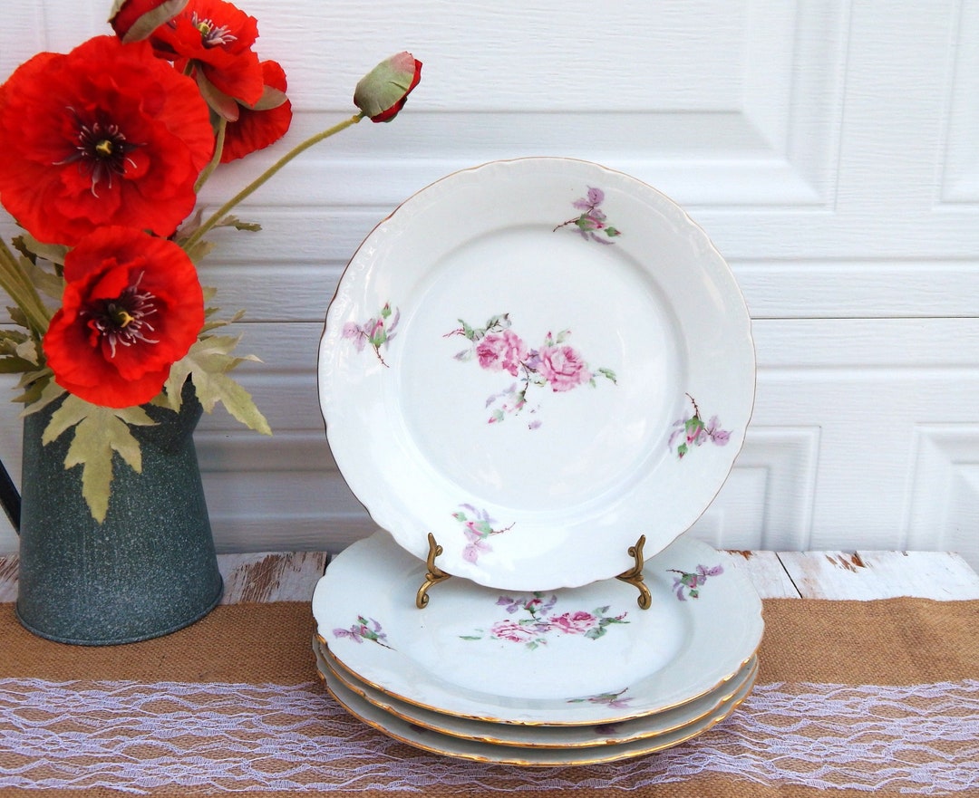 BOHEMIAN Czechoslovakia Plates Set of 4, Fine Bohemian China Pink Roses ...