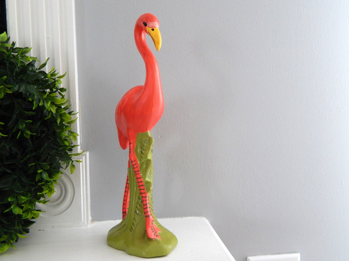 Pink Flamingo Figurine, Vintage Ceramic Flamingo Hand-painted, Tropical ...