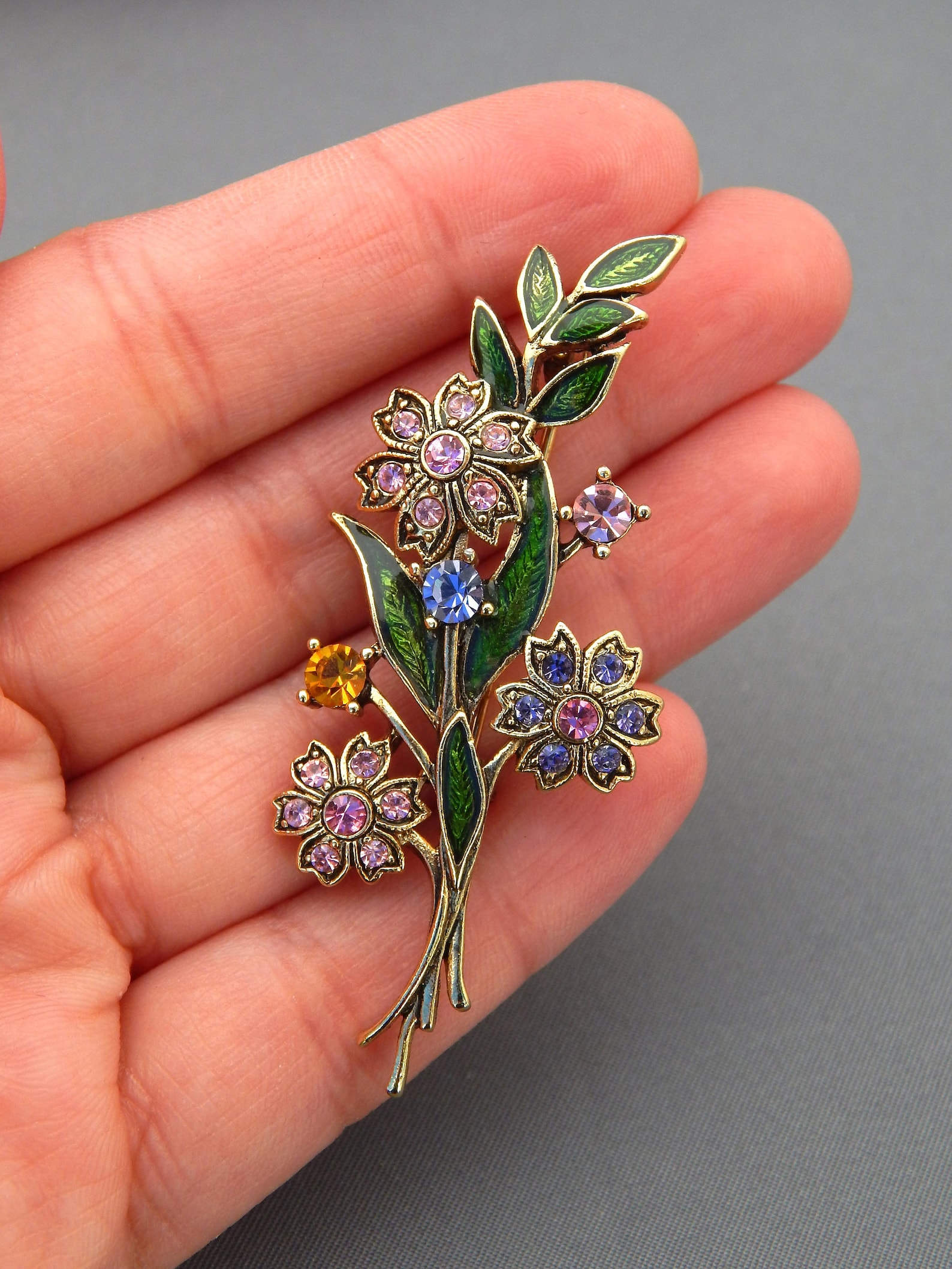 Enamel Flower Pin Enamel Rhinestone Flowers Brooch Metal | Etsy