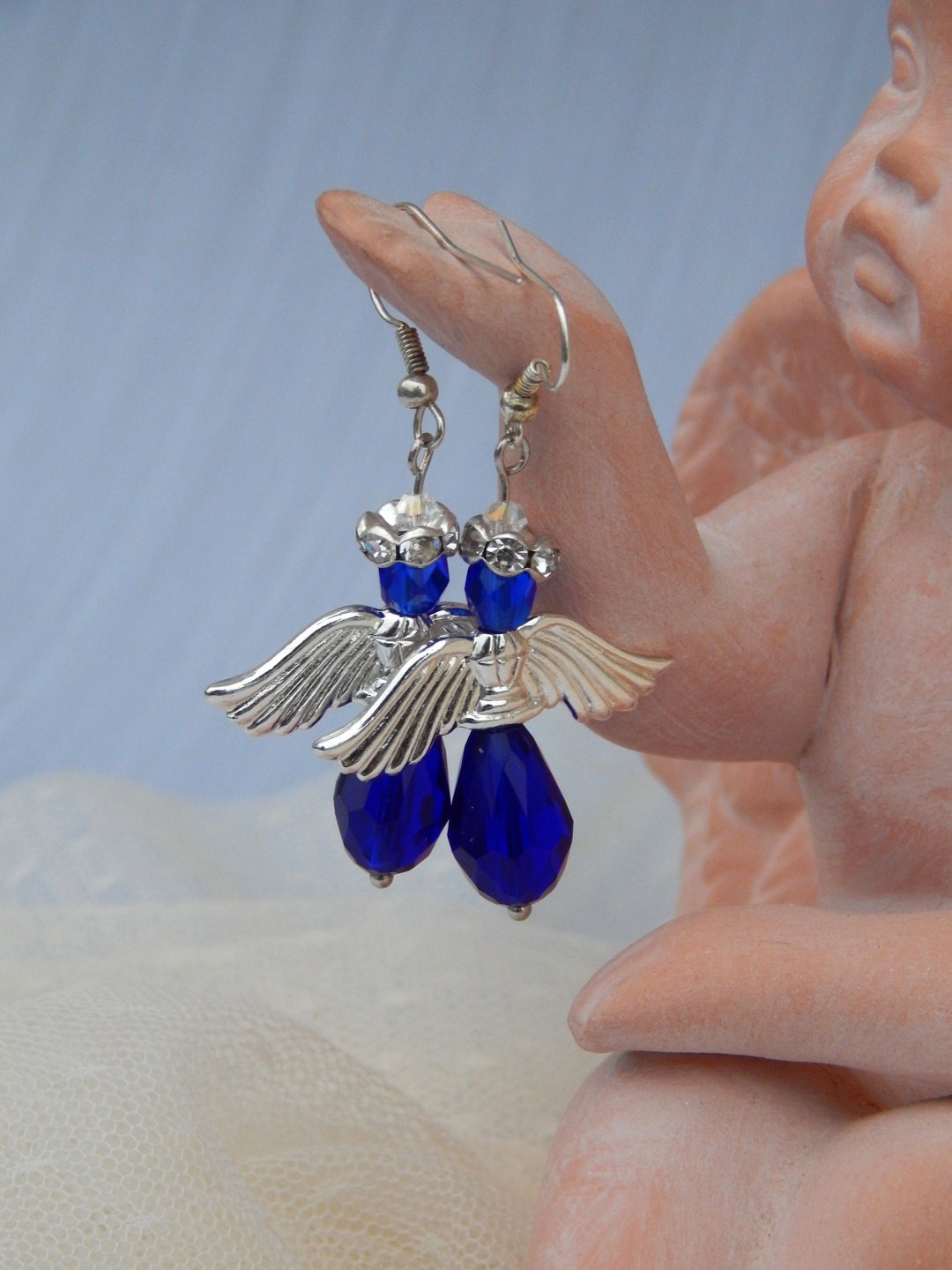 Christmas Angel Earrings, Cobalt Blue Crystal Rhinestone Angel Earrings ...