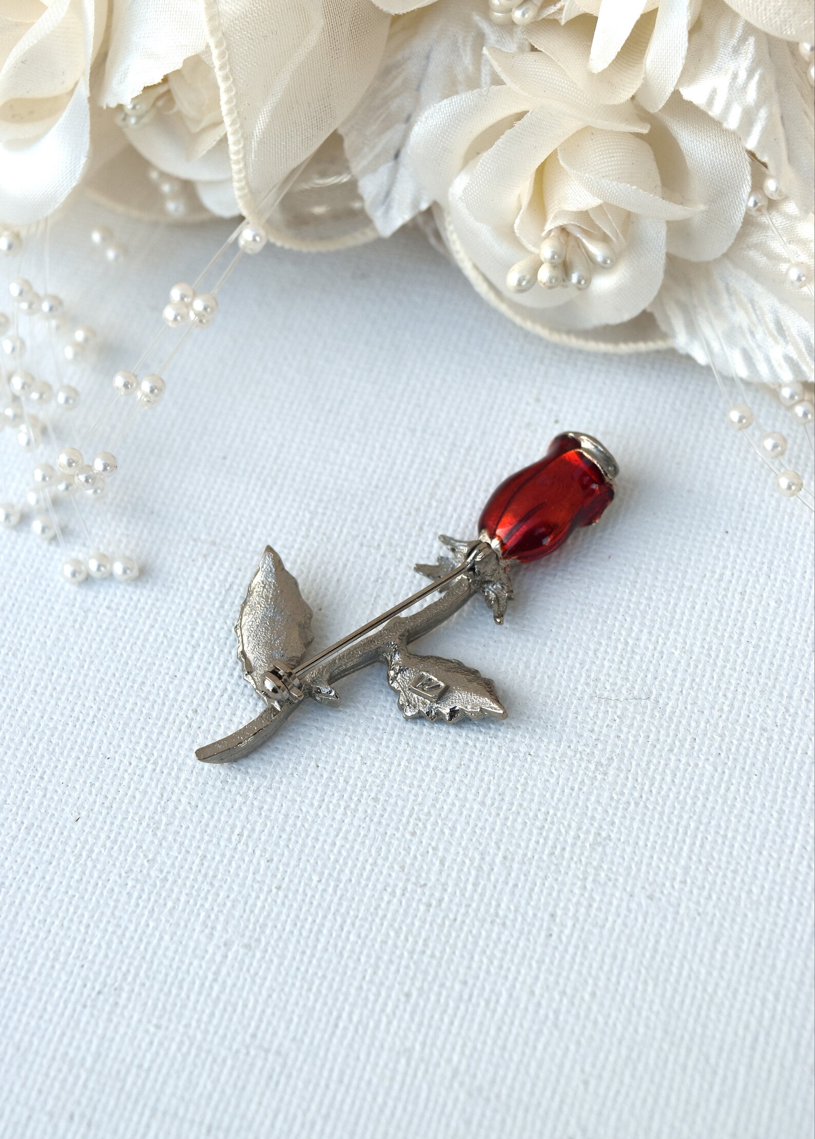 LIZ CLAIBORNE Rose Pin, Enamel Red Rose Pin Silver Tone Pink ...