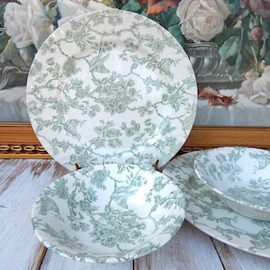 Green Toile Plates & Bowls Set BARRATS England SONGBIRDS GREEN Rare ...