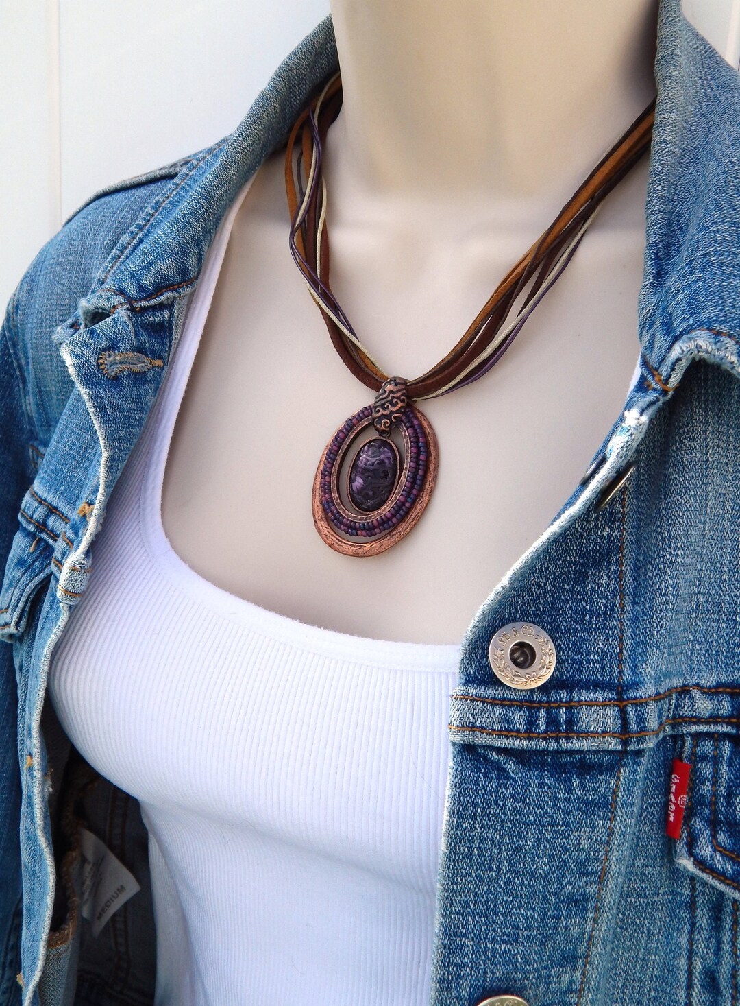 Bronze Purple Pendant Asian Motif Necklace Multi Strand Brown Suede ...