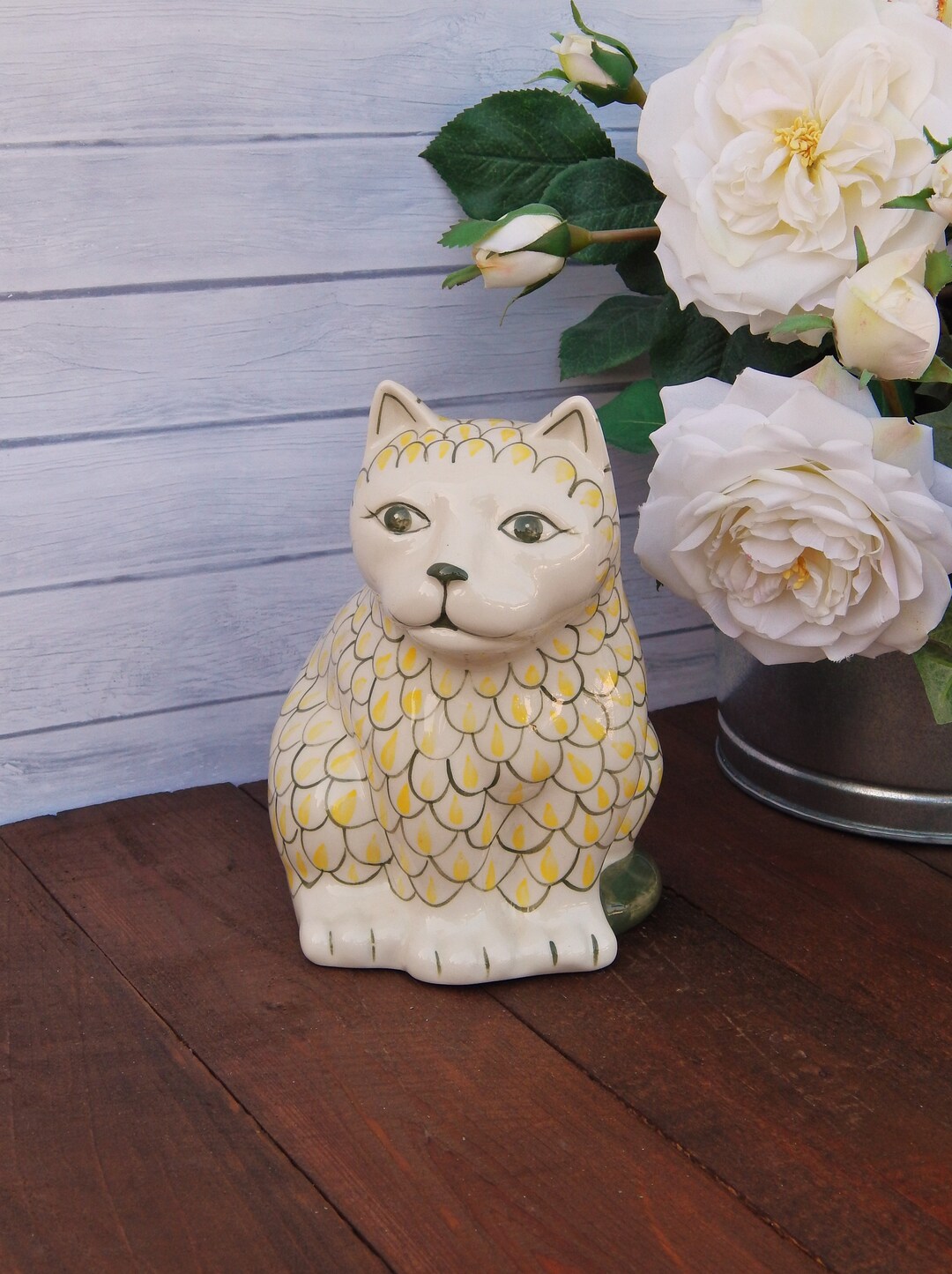 Cat Figurine Fishnet Hand-painted Cat THAILAND White Green Yellow ...