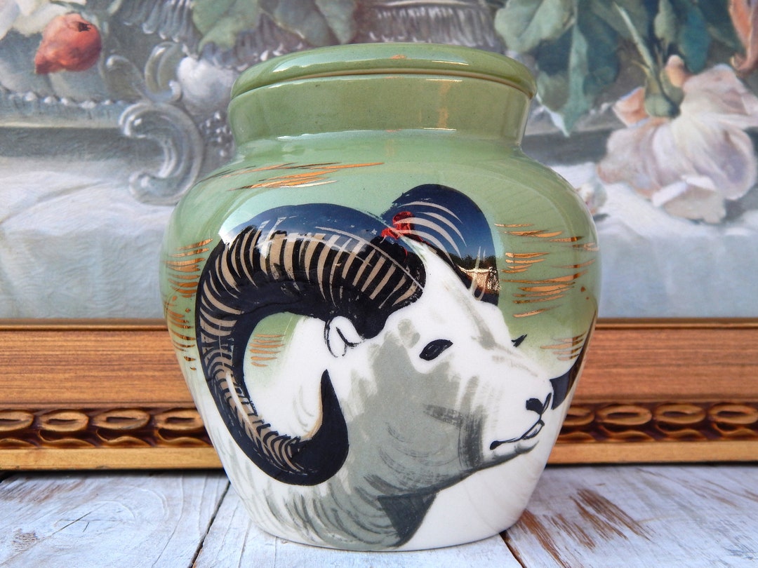 MATTHEW ADAMS Ram Ginger Jar, Mid Century Pottery Handpainted Vase With ...