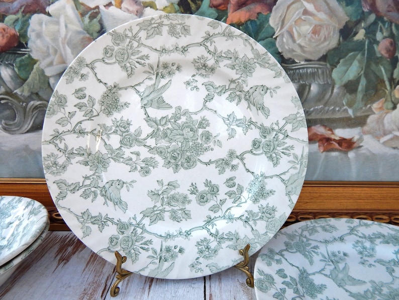 Green Toile Plates & Bowls Set BARRATS England SONGBIRDS GREEN Rare ...