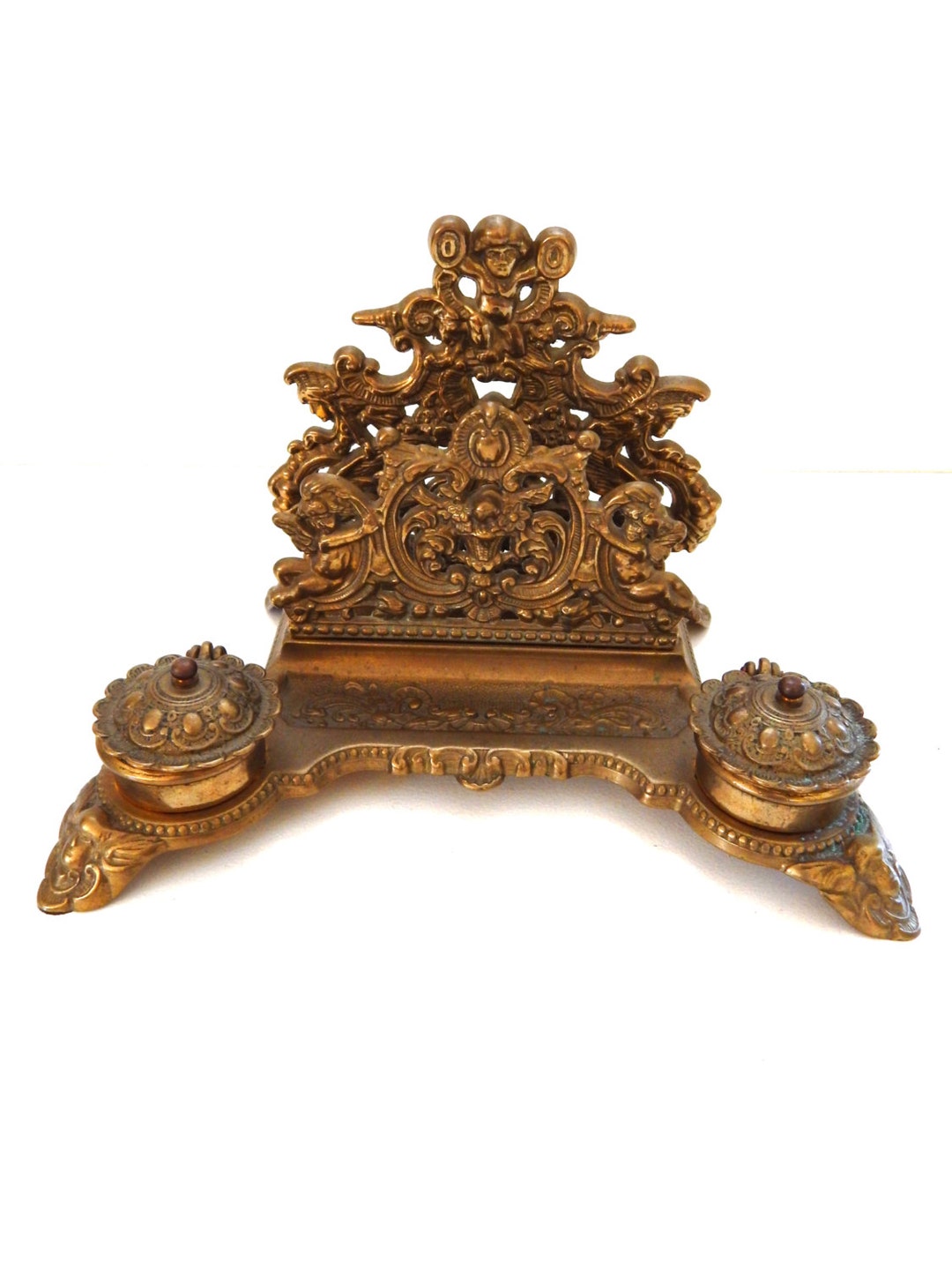 Vintage Inkwell ITALY Solid Brass Art Nouveau Rococo, Gold Brass Desk ...