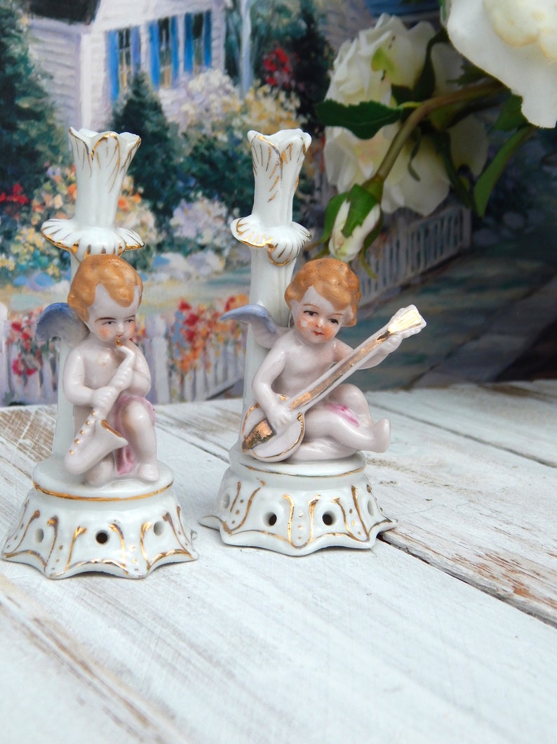 Antique Musician Angels Bud Vases Figurines Pair JAPAN | Etsy