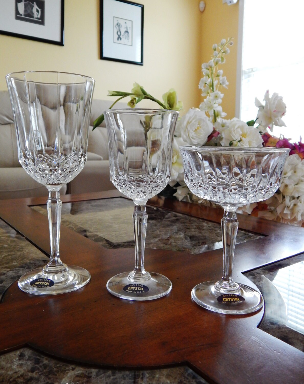 Crystal Water Glasses Set of 6, American Cut Crystal Tall Stemmed Water ...