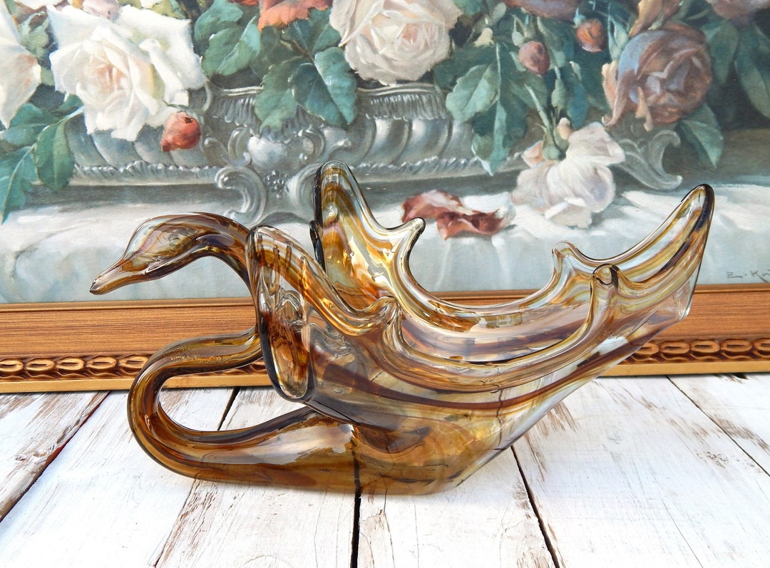Art Glass Swan Bowl, Mid Century Swan Triangular Bowl Brown Clear Swirl ...
