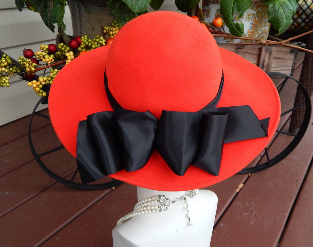 Red Hat Black Bow, Red Wool Hat, Wide Brim Hat Wool Felt Red With Black ...