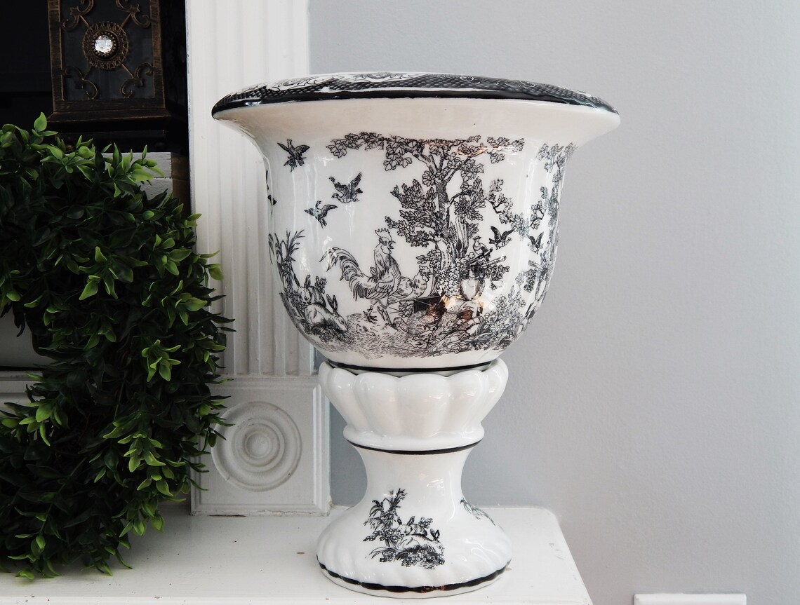 Chinoiserie Toile Planter Black & White Large Footed Urn Vase - Etsy