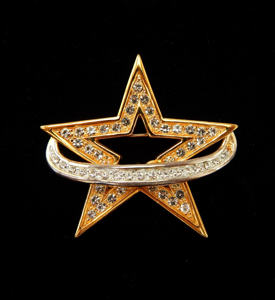 Rhinestone Star Pin Signed TONA, Star Orbit Pin Crystals Gold Plate ...