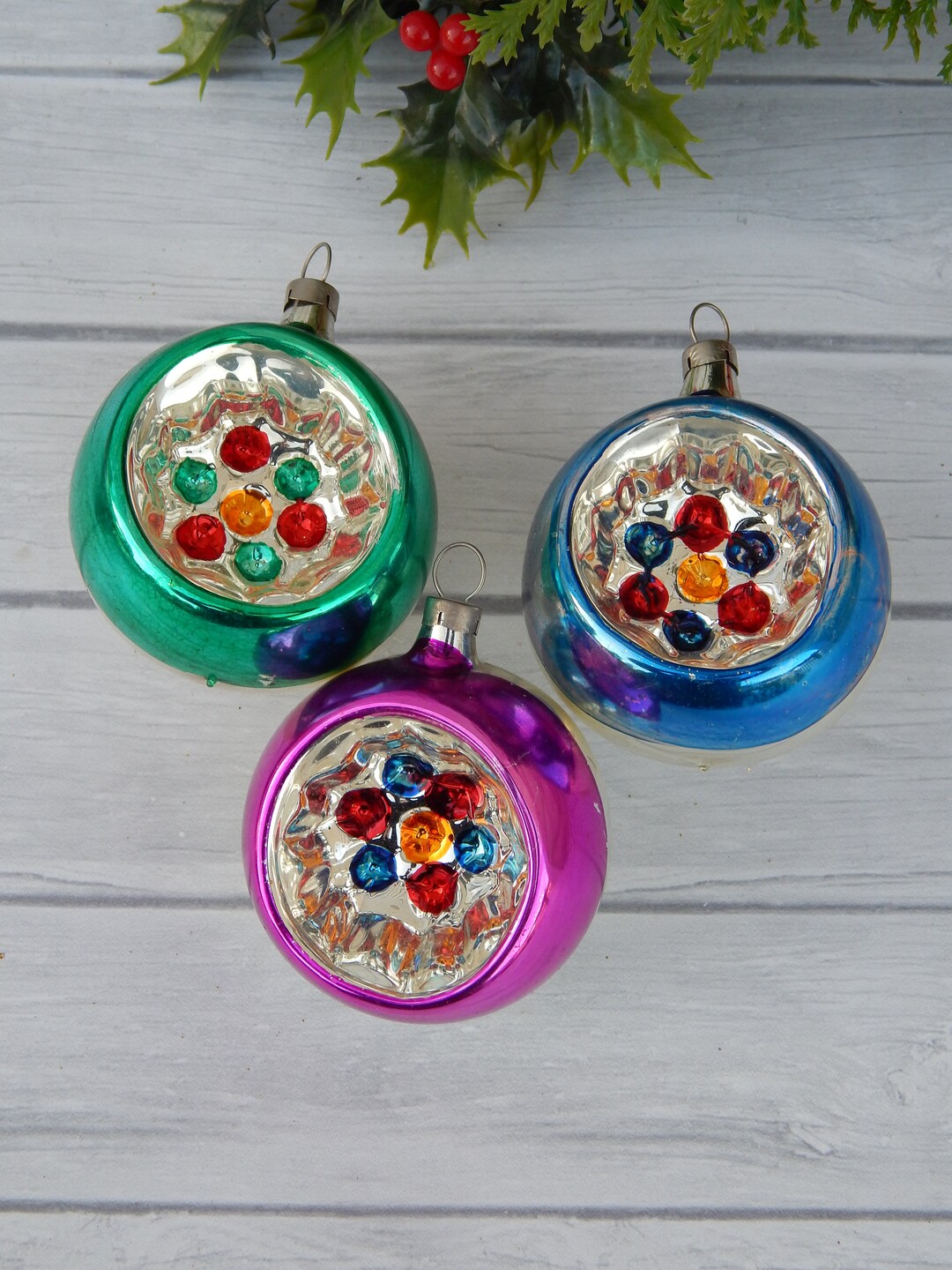 Reflector Ball Ornaments Set of 3, Mercury Glass Ball Ornaments Indent ...