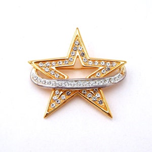 Rhinestone Star Pin Signed TONA, Star Orbit Pin Crystals Gold Plate ...