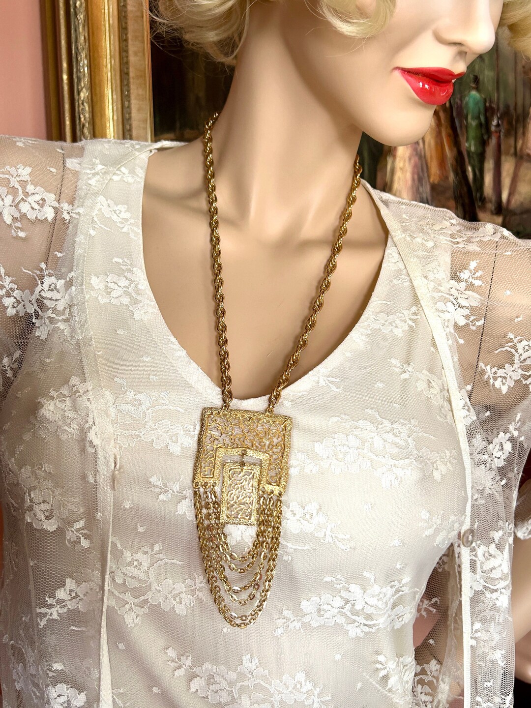 Long Swag Necklace, Gold Tone Chain Necklace, Vintage Necklace, Runway ...