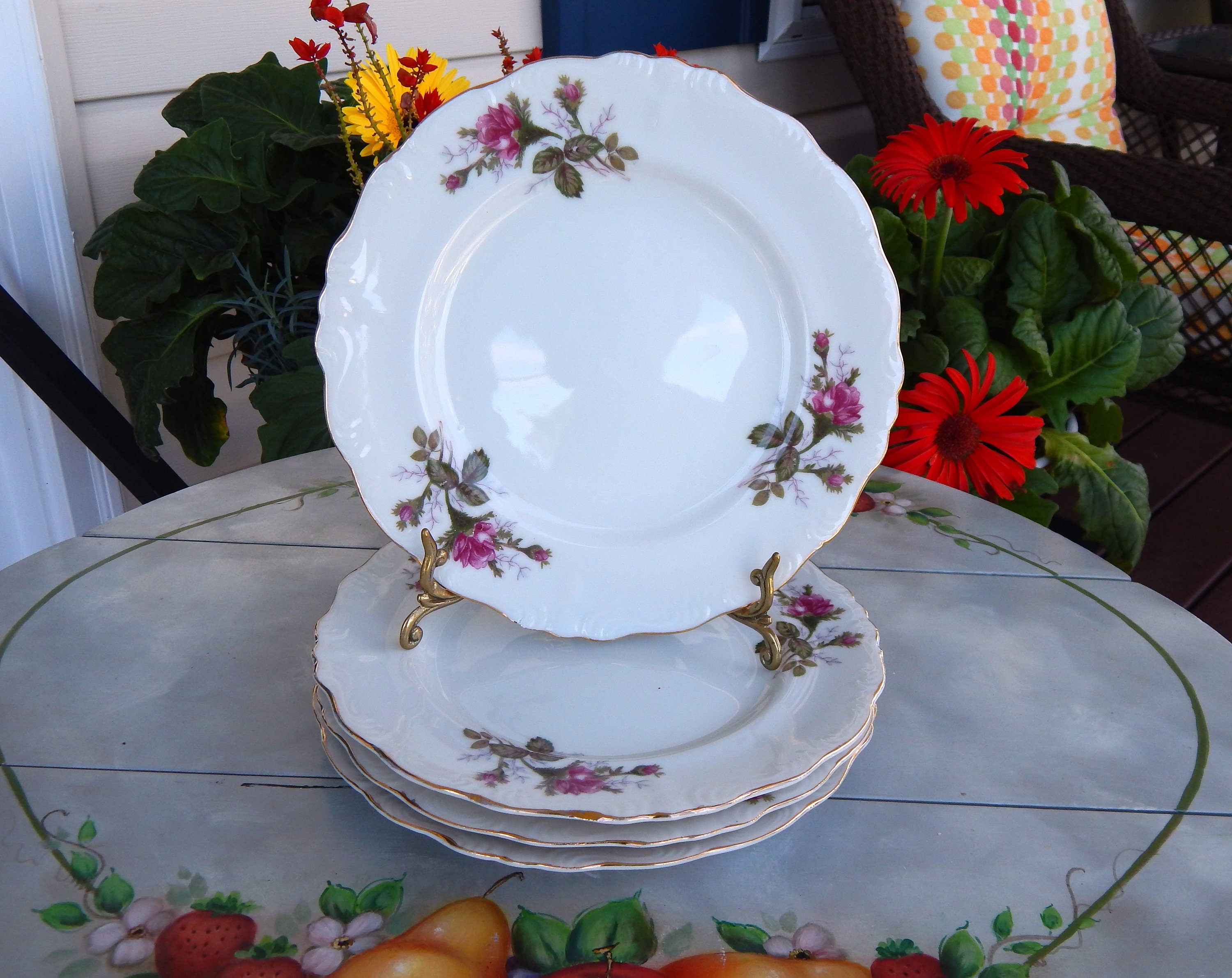 Pink Roses Plates Set of 4 Salad Plates 8" Pink Roses Green Leaves Gold ...
